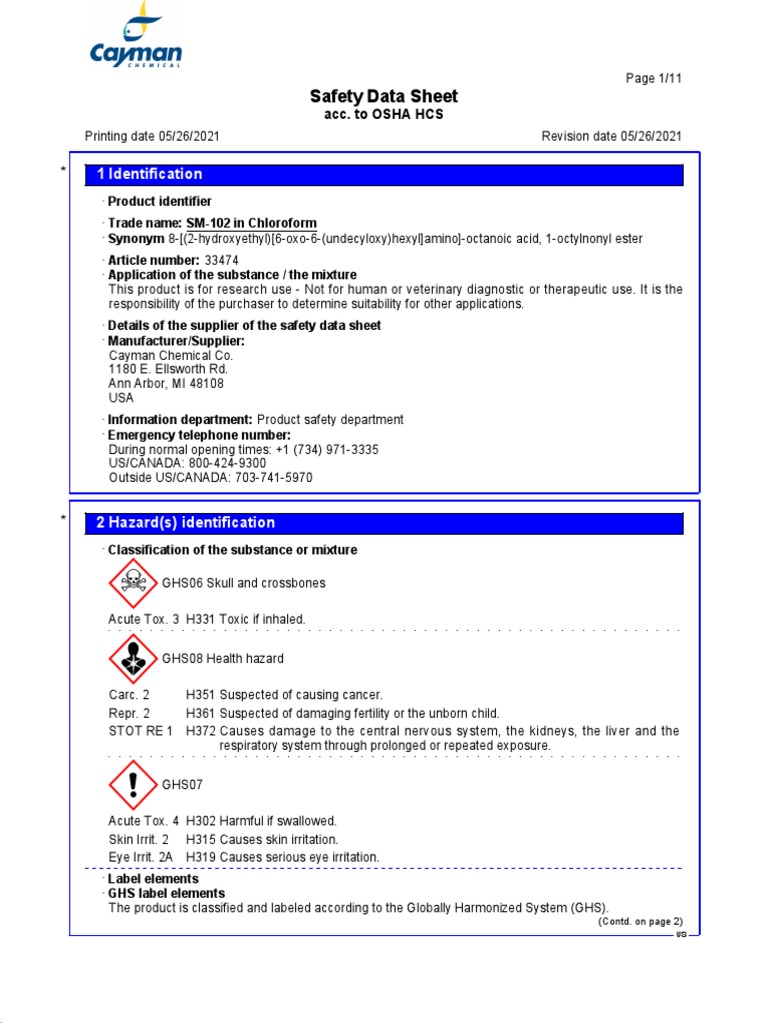 Safety Data Sheet: 1 Identification | PDF | Dangerous Goods | Toxicity