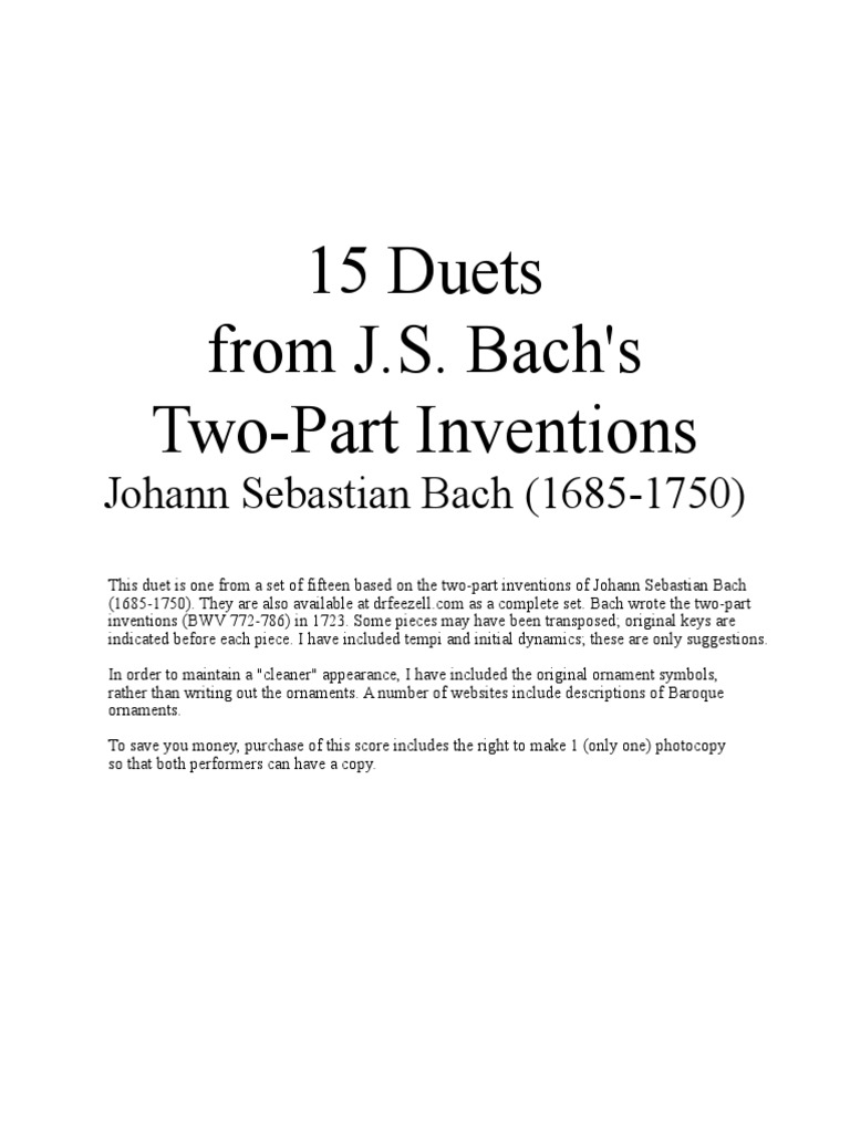 15 Duets From J.S. Bach's Two-Part Inventions | PDF | Johann Sebastian ...