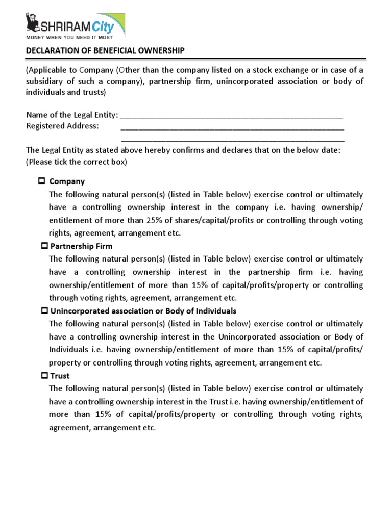 SCUF Beneficial Ownership - Declaration Format | PDF | Ownership ...
