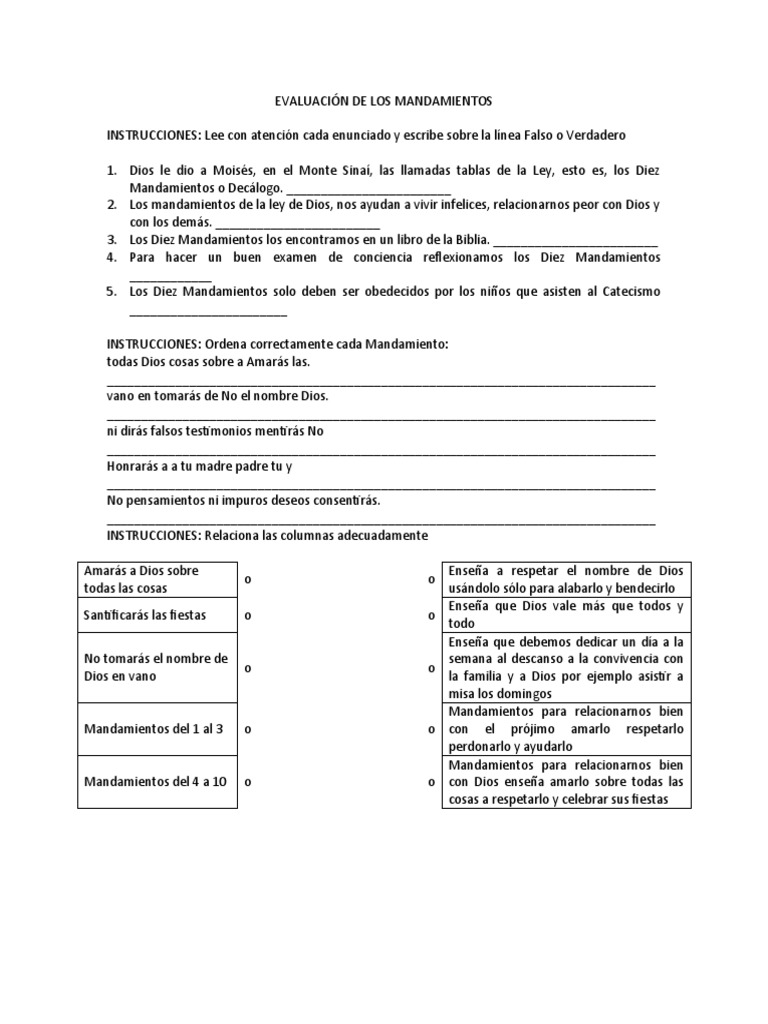 Evaluación de los 10 Mandamientos para Niños | PDF | Diez Mandamientos ...