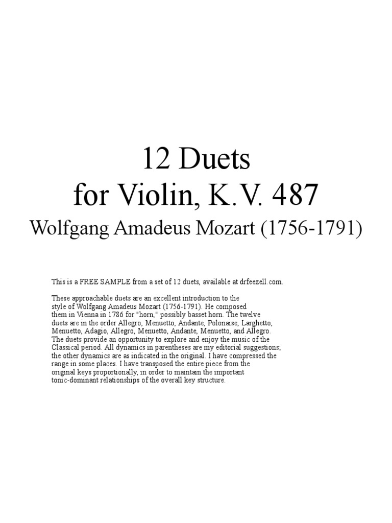 12 Duets For Violin, K.V. 487: Wolfgang Amadeus Mozart (1756-1791 ...
