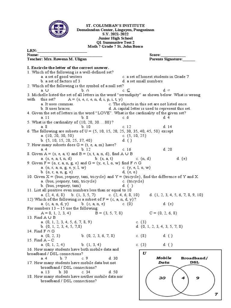 Math 7 Summative Test 2 | PDF | Integer | Mathematical Concepts