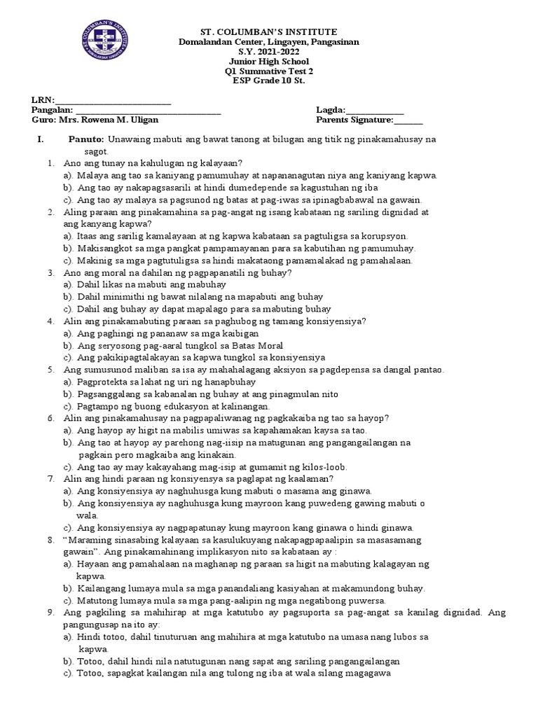 ESP 10 - SUmmative Test 2 - TOS | PDF