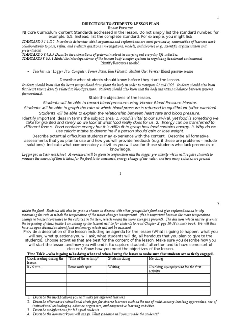 Directions To Students: Lesson Plan B P: Lood Ressure | PDF | Lesson ...