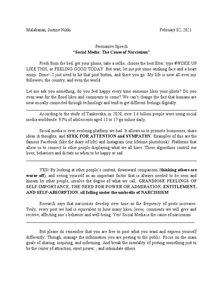 Persuasive Speech - Oral Communication | PDF | Narcissism | Popular Culture & Media Studies