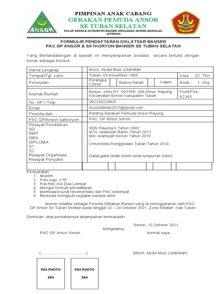 Formulir Diklat Banser Tusel 2021 Ranting Rayung | PDF