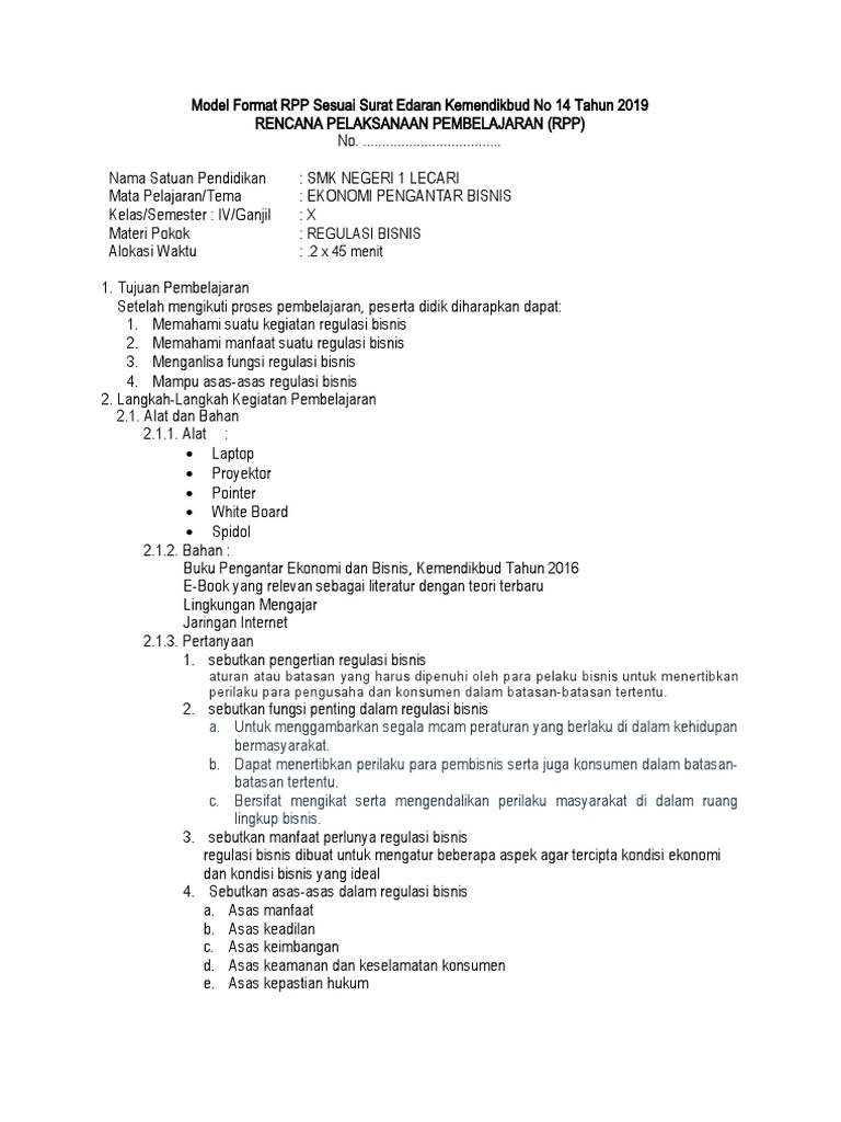 RPP 1 Lembar Sesuai Surat Edaran Mendikbud No 14 Tahun 2019 | PDF | Bisnis