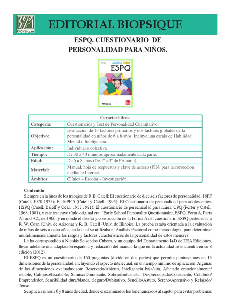 ATPC 16 ESPQ - Cuestionario de Personalidad para Ninos | PDF ...