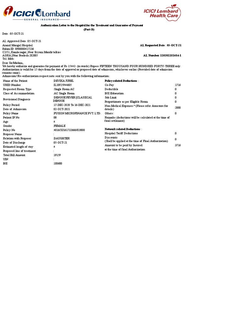 110201181684-1 Authorization Letter | PDF | Insurance | Hospital
