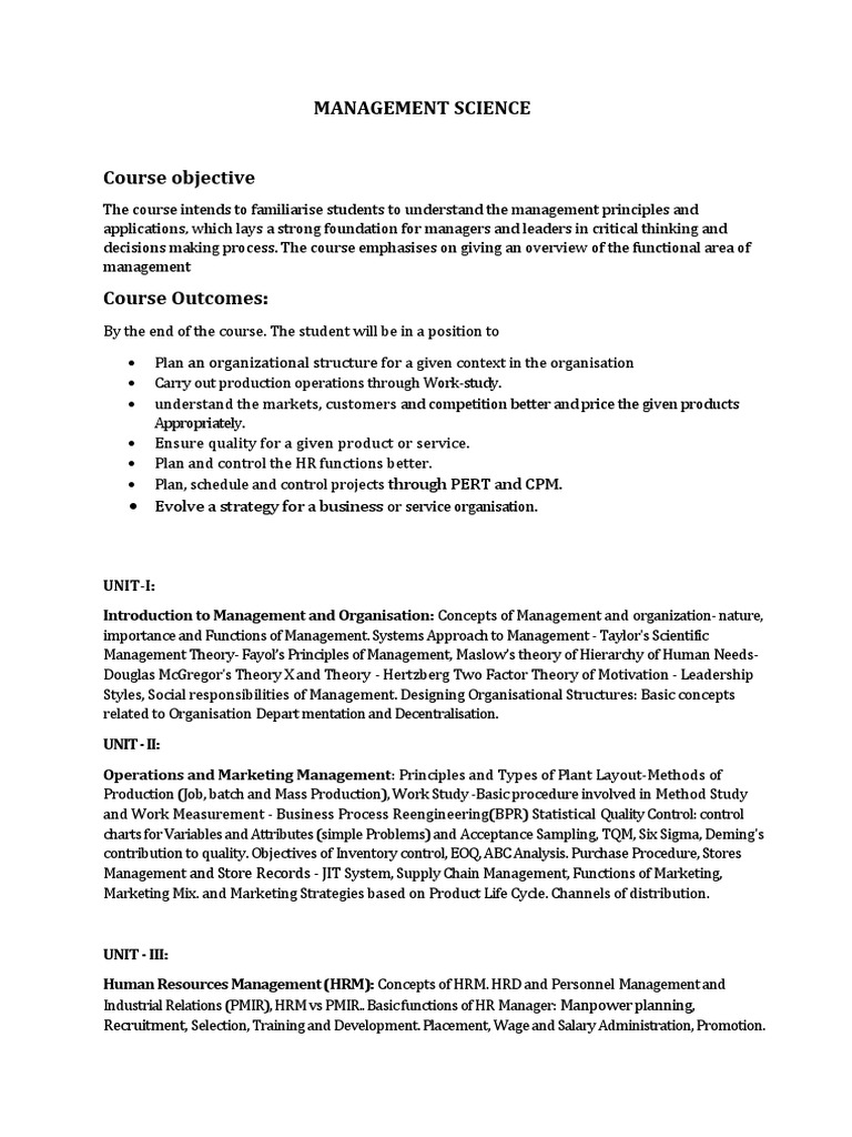 Management Science - Syllabus | PDF | Human Resource Management | Marketing