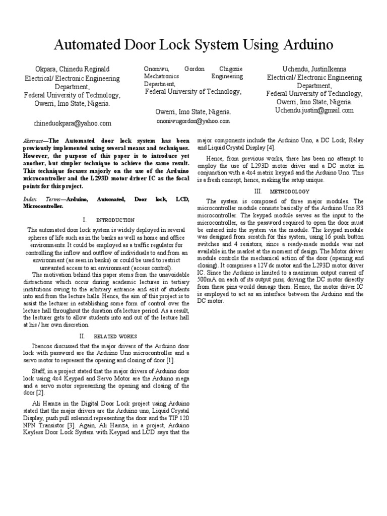 Automated Door Lock System Using Arduino Abstract Pdf Arduino Electricity