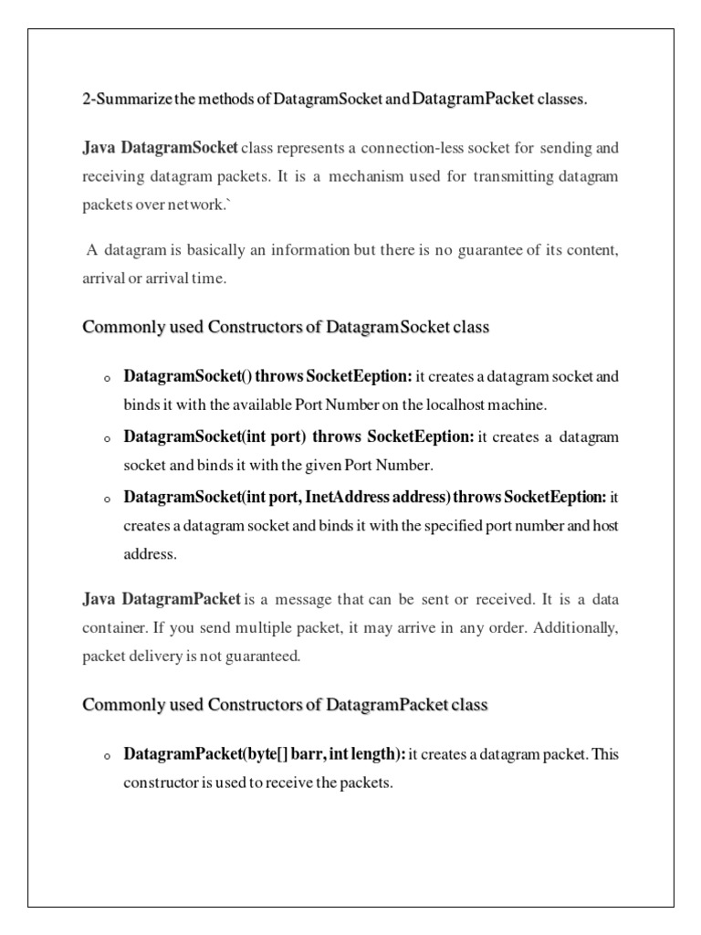 Datagrampacket Java Datagramsocket Class Represents A Connection Less Socket For Sending And Pdf