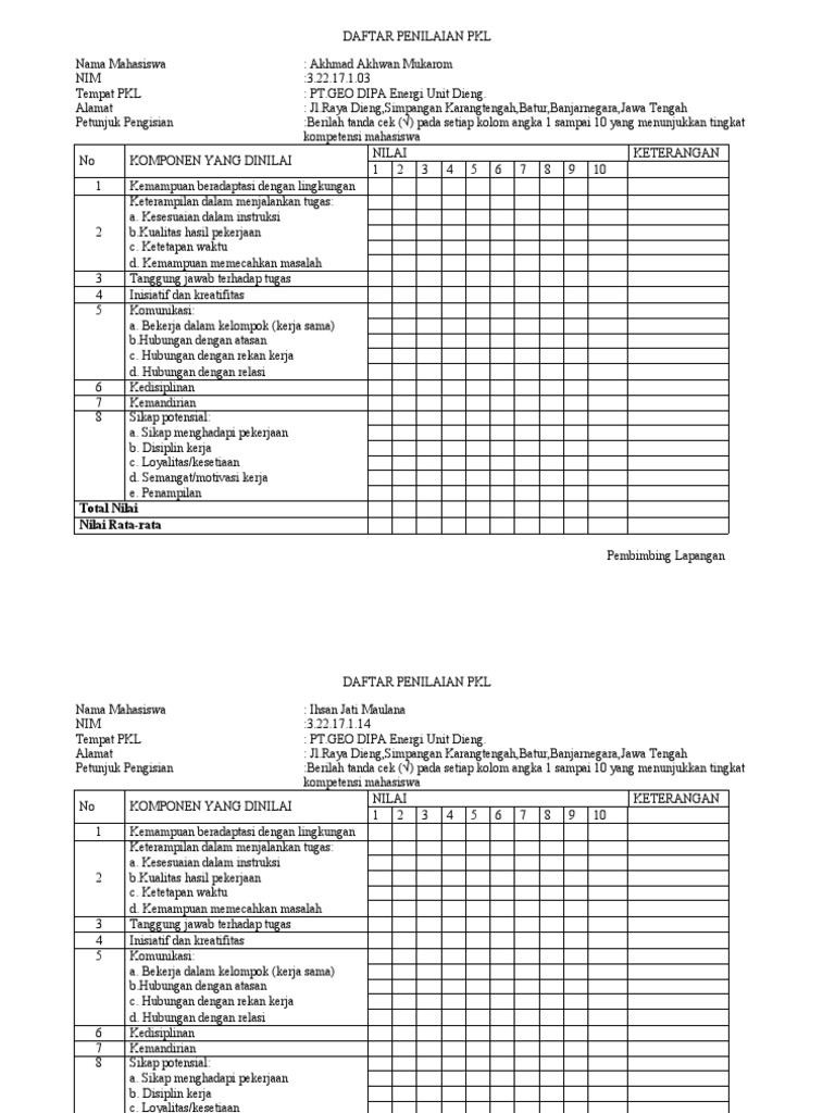 Daftar Penilaian PKL | PDF