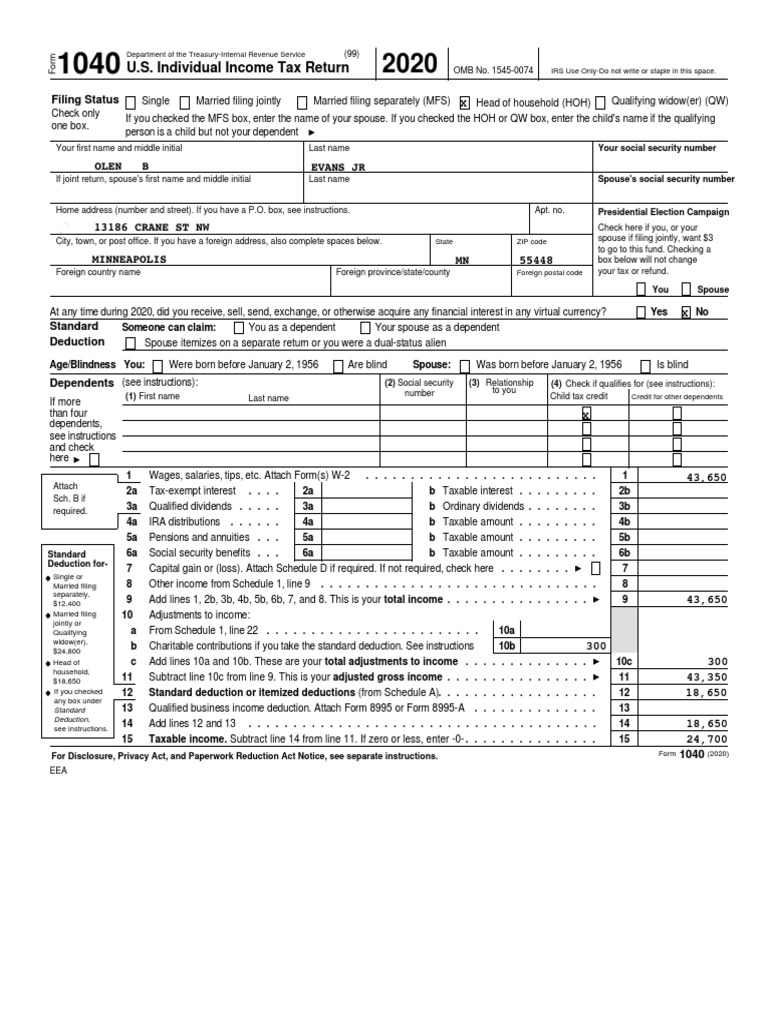 2020 U.S. Individual Income Tax Return Form 1040 | PDF | Tax Refund ...