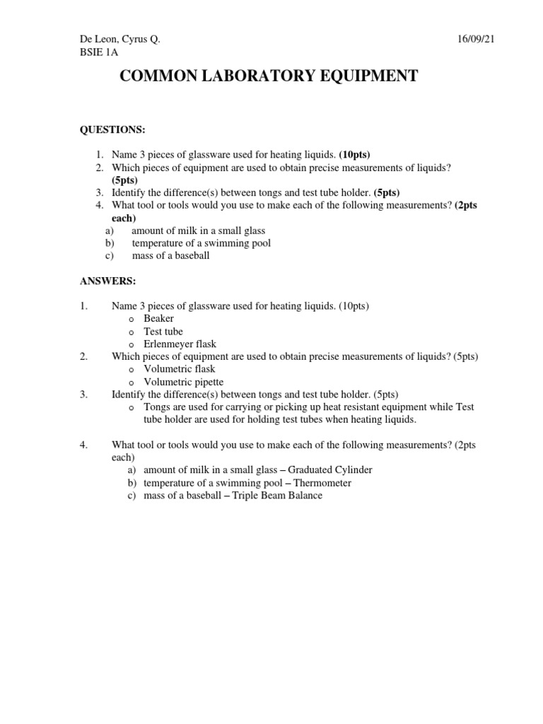 Common Laboratory Equipment: Questions | PDF