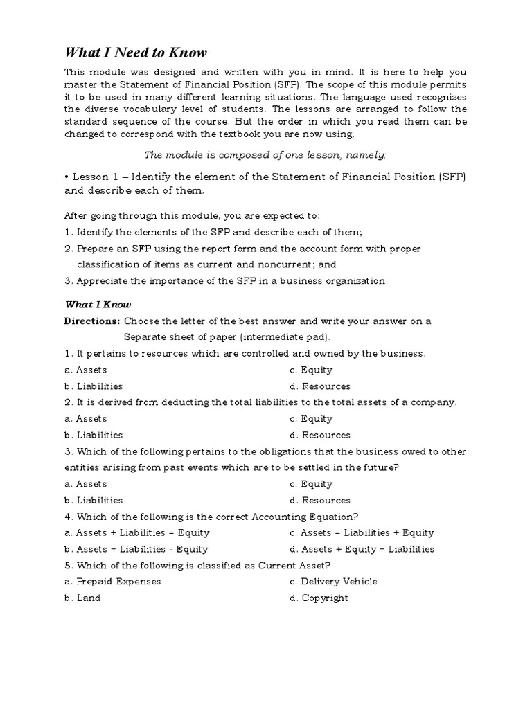 Fabm 2 Edited Lesson 1 SFP | PDF | Balance Sheet | Equity (Finance)