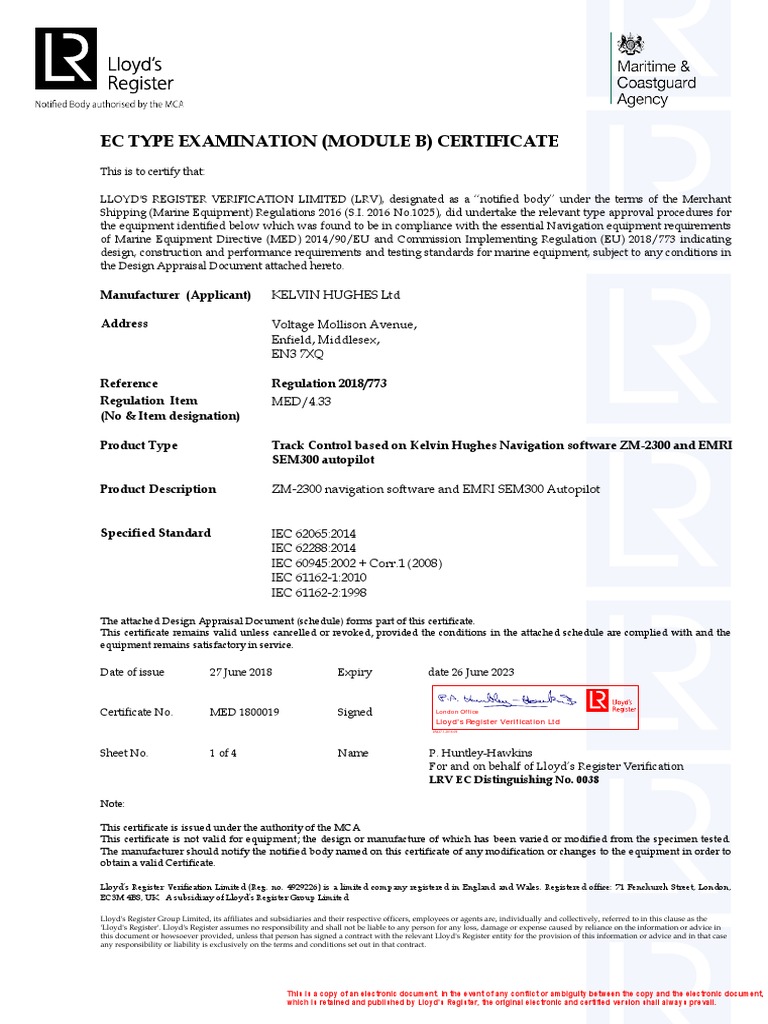 Ec Type Examination (Module B) Certificate: Manufacturer (Applicant ...