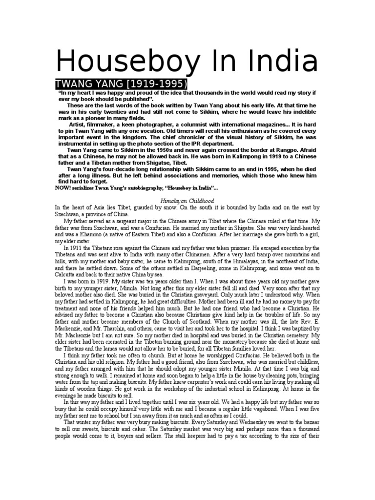 House Boy in India - Twan Yang's Autobiography - Part 1 | PDF | Tibet ...