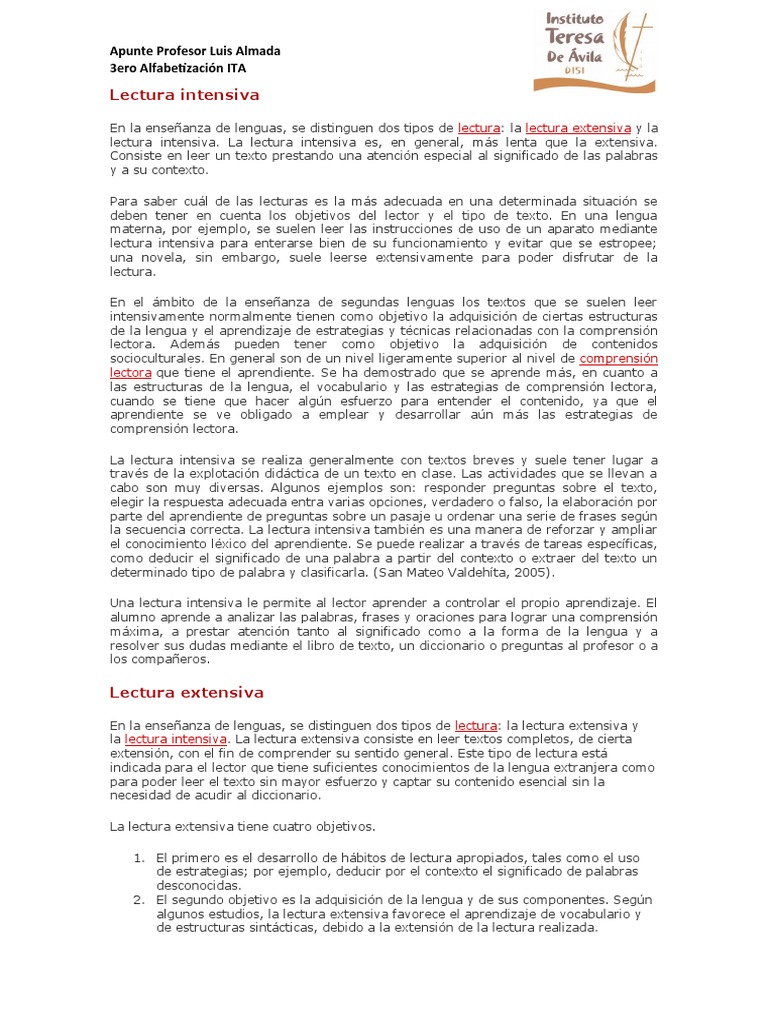 Lectura Intensiva y Extensiva | PDF | Aquisición de idioma | Aprendizaje