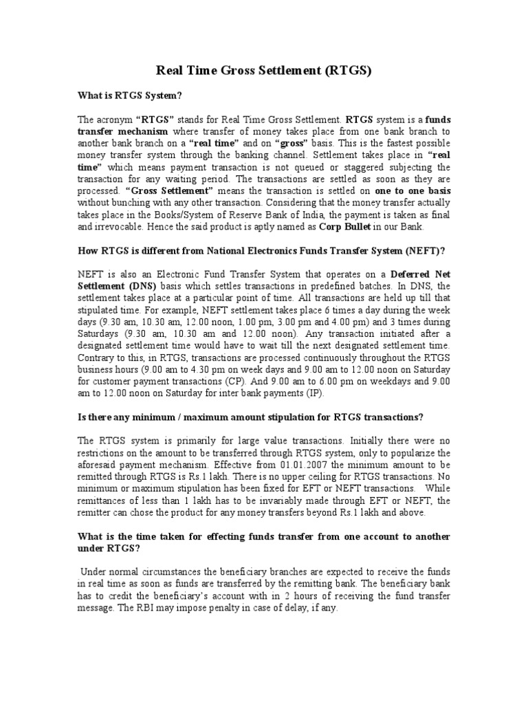 Real Time Gross Settlement (RTGS) | PDF | Banking | Market (Economics)