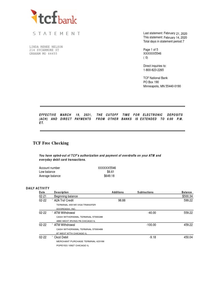 TCF Free Checking: Linda Renee Nelson 214 Sycarmore ST GRAHAM MO 64455 ...