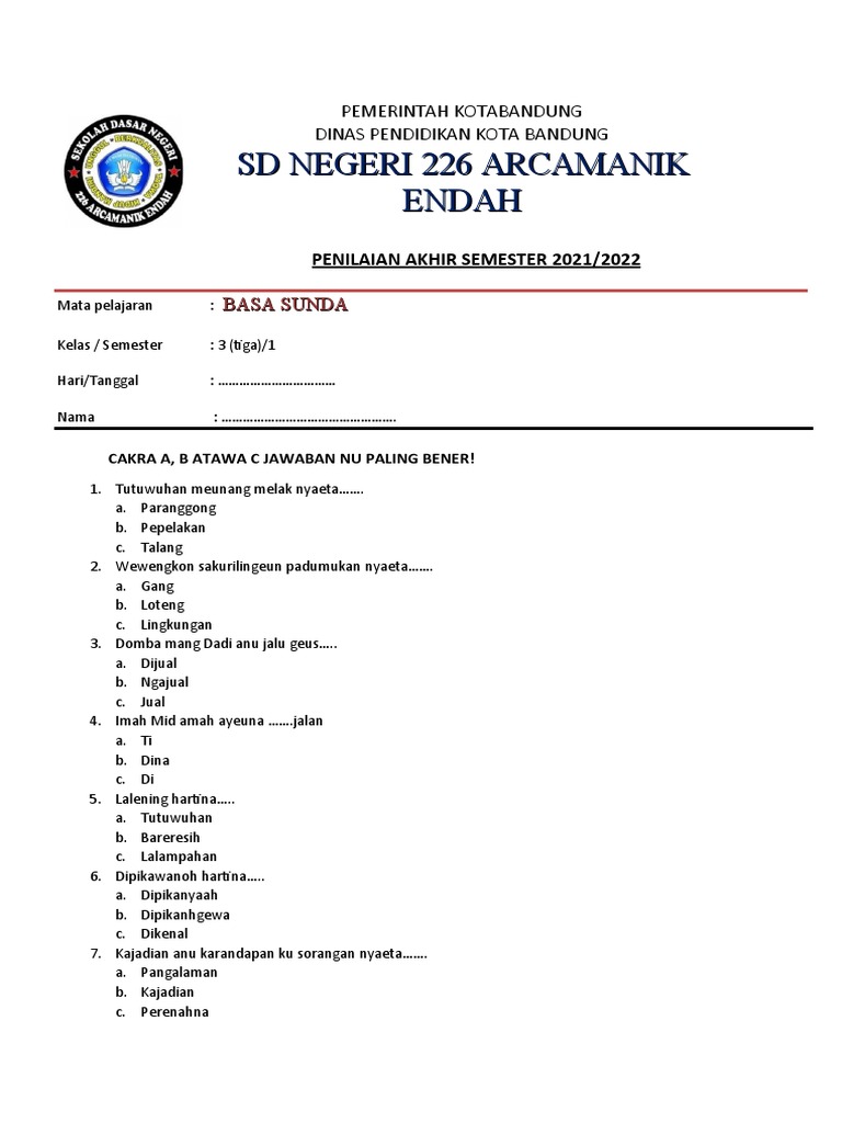 Soal Bahasa Sunda Kls Tiga Sem 1 | PDF | Kajian Bahasa Asing