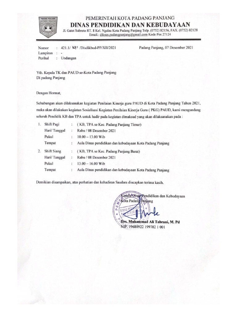 Undangan Sosialisasi Kegiatan PKG PAUD 2021 | PDF