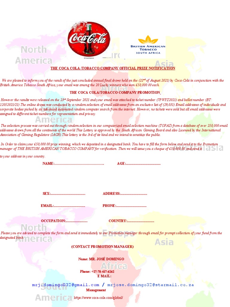 The Coca Cola /tobacco Company Official Prize Notification | PDF | Coca ...