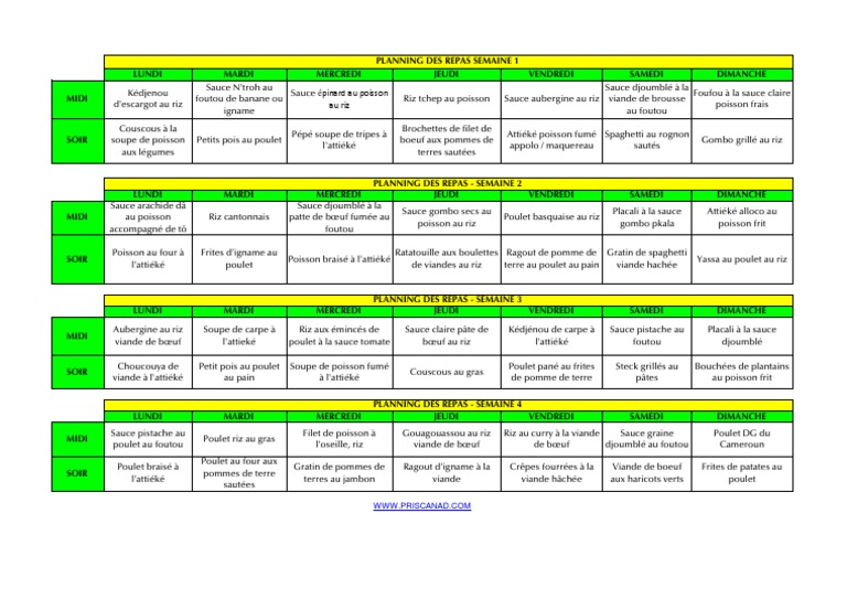 Menu Africain Hebdomadaire Complet | PDF | Nourritures | Cuisine ...