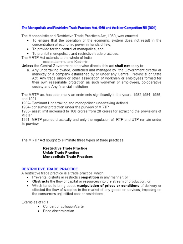 The Monopolistic and Restrictive Trade Practices Act Handout | Monopoly ...