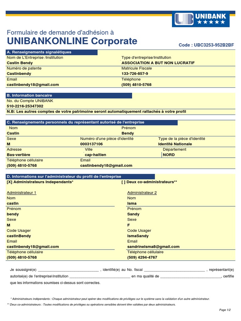 UNIBANKONLINE Corporate: Formulaire de Demande D'adhésion À | PDF | Banques