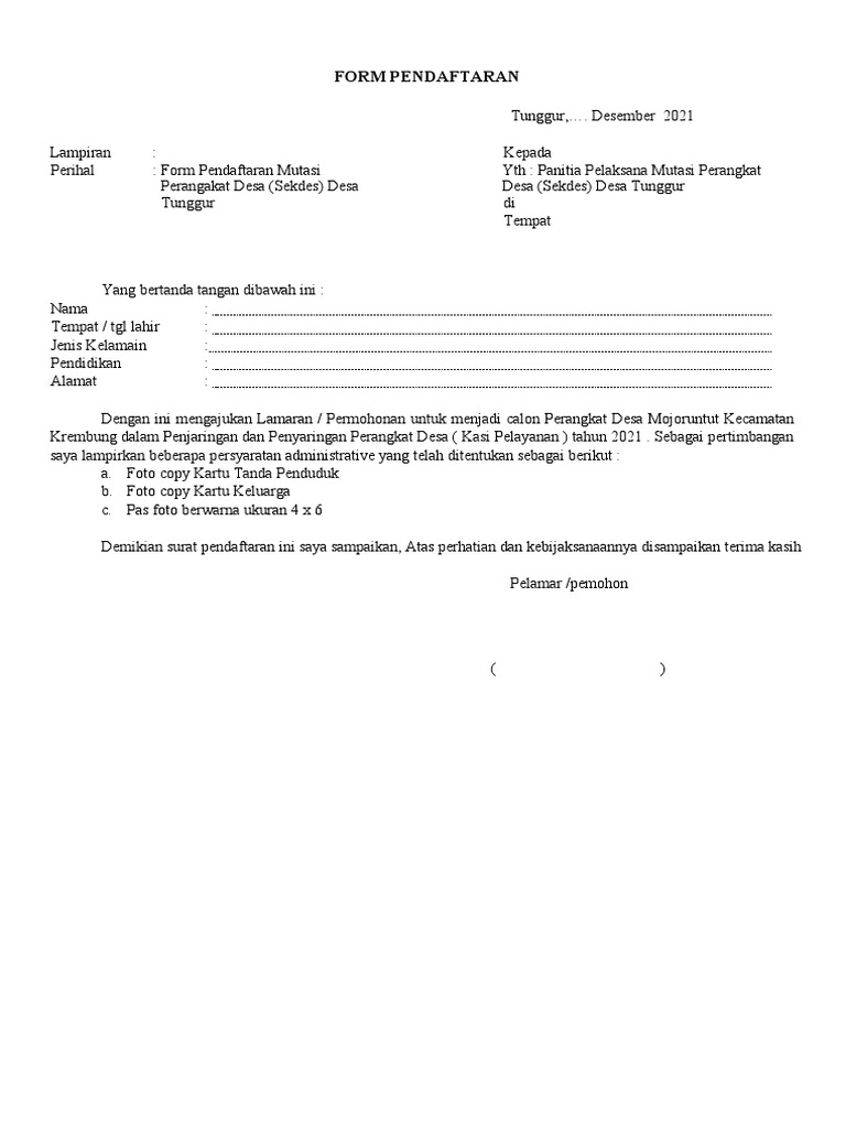 Form Pendaftaran Perangkat Desa | PDF | Pengelolaan Keuangan & Uang ...