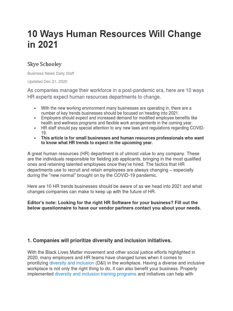 10 Ways Human Resources Will Change in 2021: Skye Schooley | PDF ...