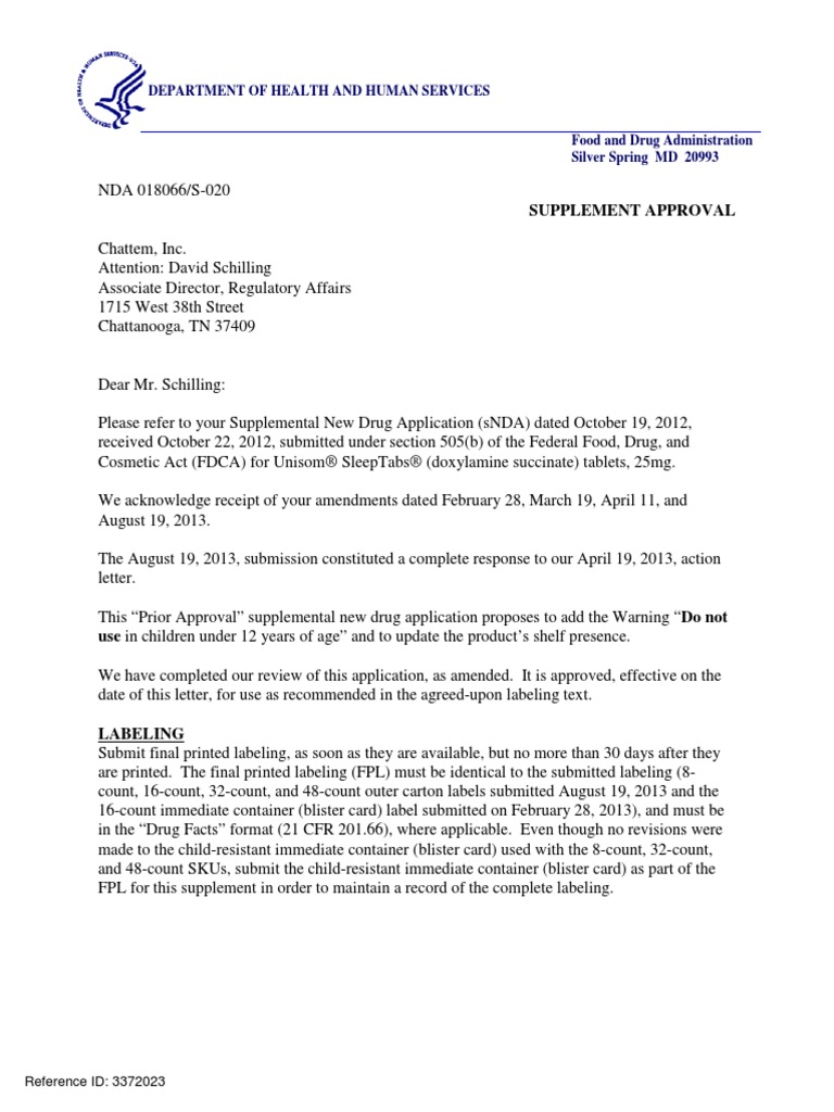 Supplement Approval: Department of Health and Human Services | PDF ...
