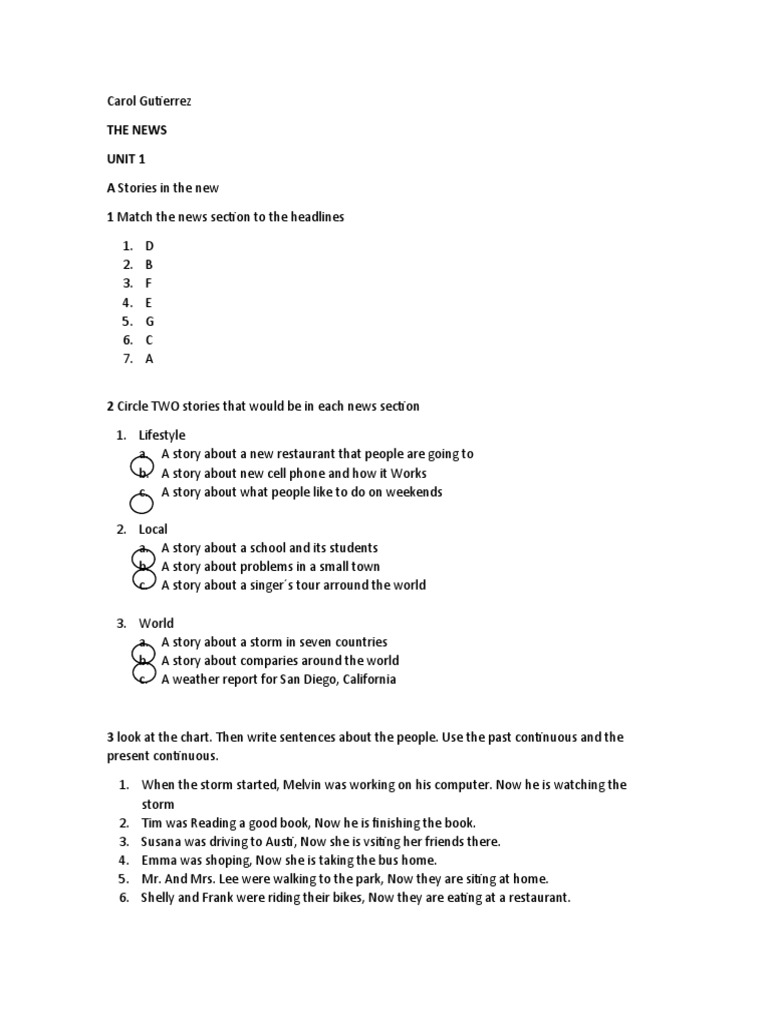 The News Unit 1 A Stories in The New 1 Match The News Section To The ...