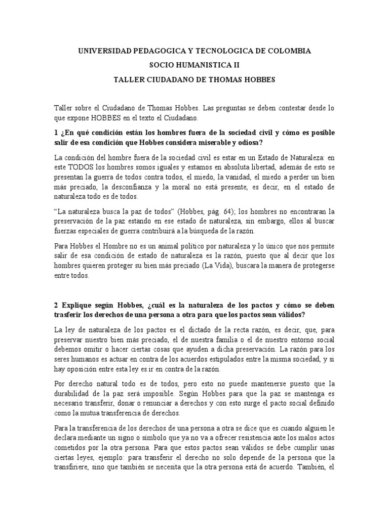 Taller sobre el Ciudadano de Hobbes | PDF | Thomas Hobbes | Contrato social