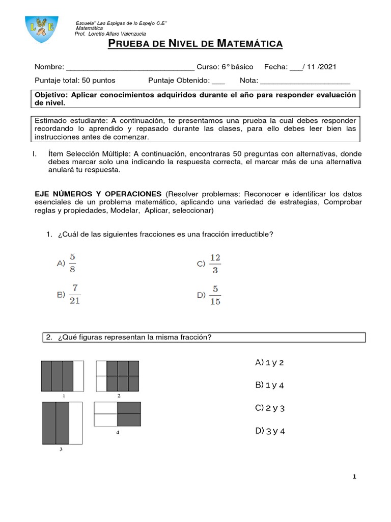 Prueba De Matemáticas 6 Básico Pdf Sustracción Aritmética