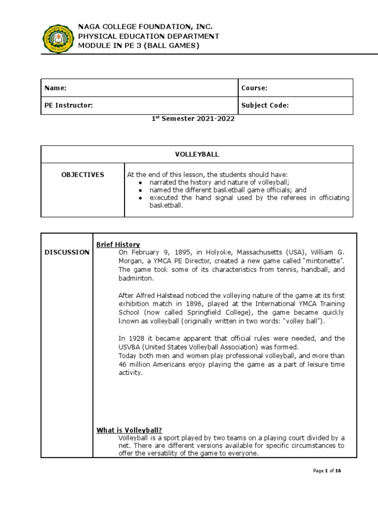 Volleyball Module for PE Students | PDF | Volleyball | Team Sports