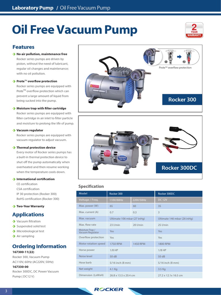 Rocker 300 Oil-Free Vacuum Pump Specs | PDF | Filtration | Pump