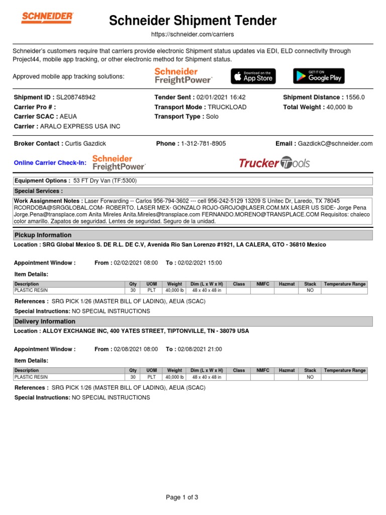 Schneider Shipment Tender: Online Carrier Check-In | PDF | Cargo | Bill ...