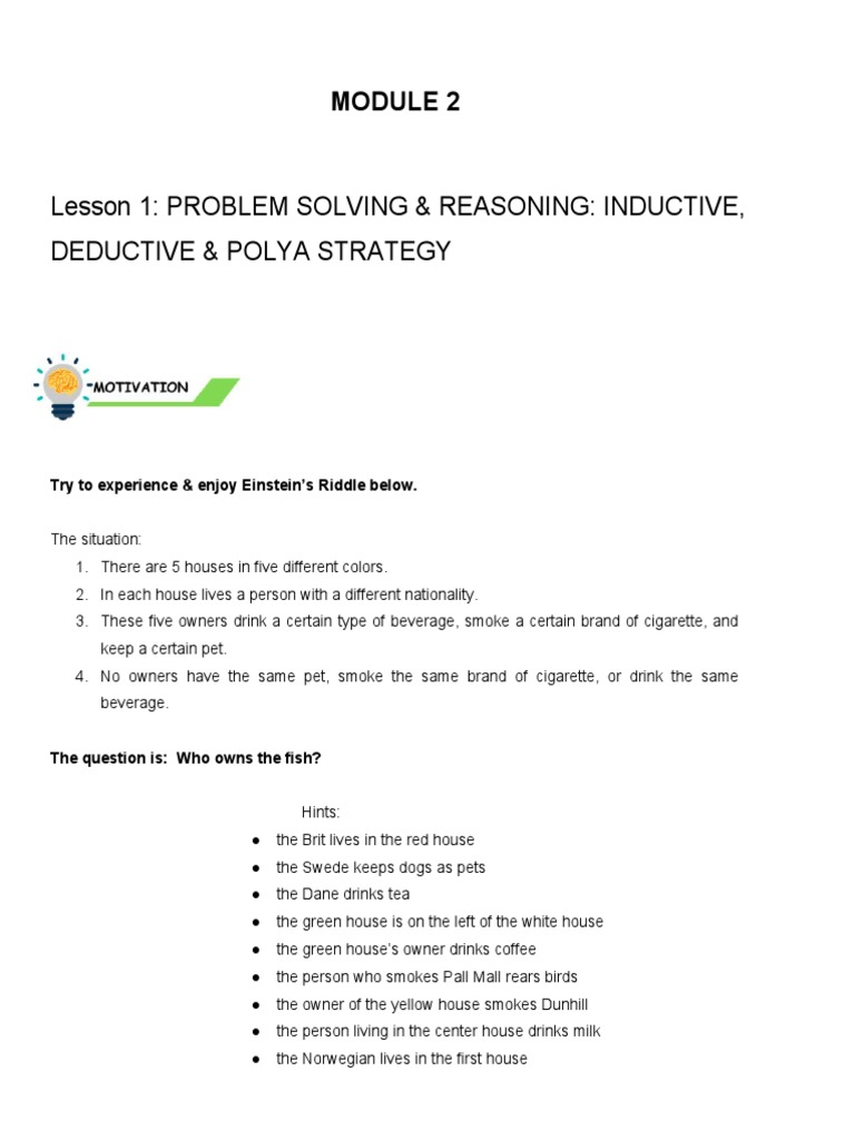 Lesson 1: Problem Solving & Reasoning: Inductive, Deductive & Polya ...