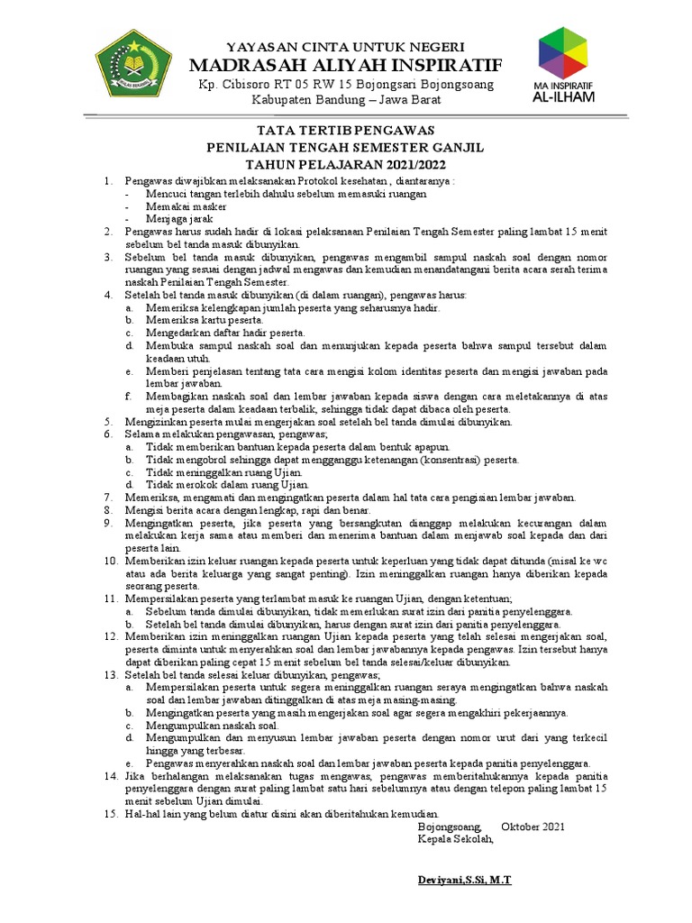 Tata Tertib Pengawas Pts Tahun 2018-2019 | PDF