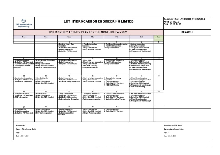 L&T Hydrocarbon Engineering Limited: Hse Monthly Activity Plan For The ...