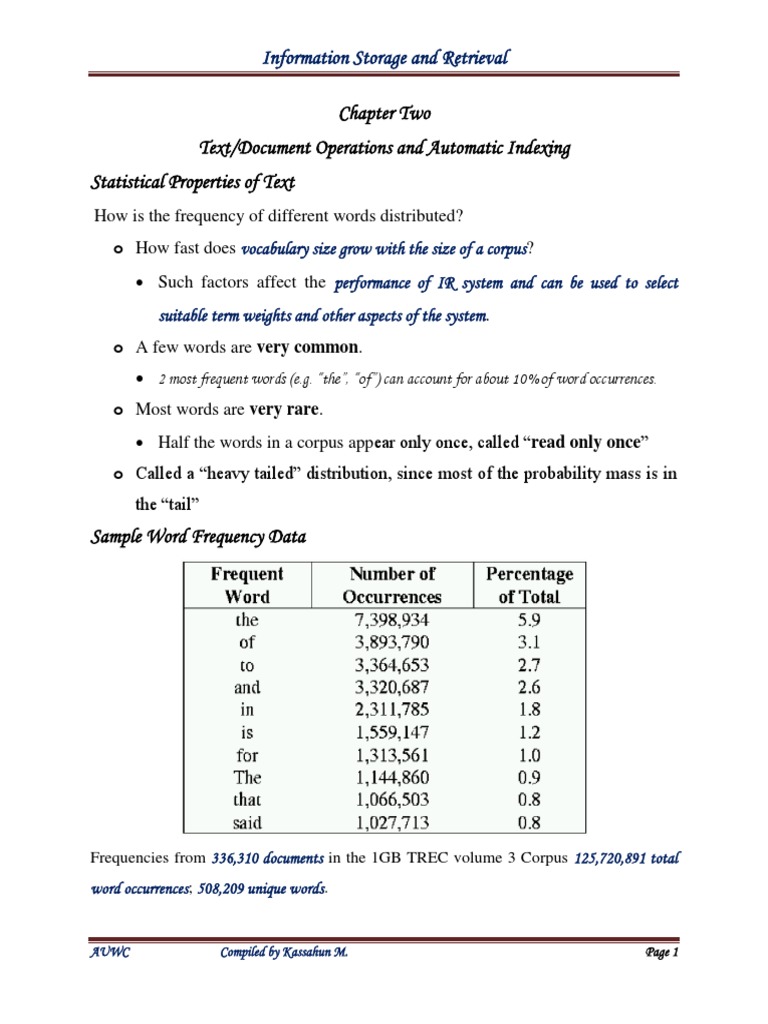 Chapter Two Text/Document Operations and Automatic Indexing Statistical Properties of Text | PDF ...