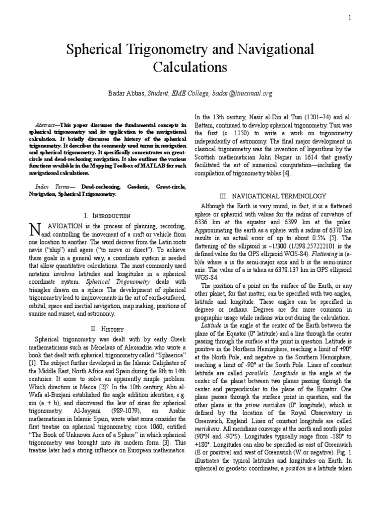 Spherical Trigonometry and Navigational Calculations: Abstract-This ...