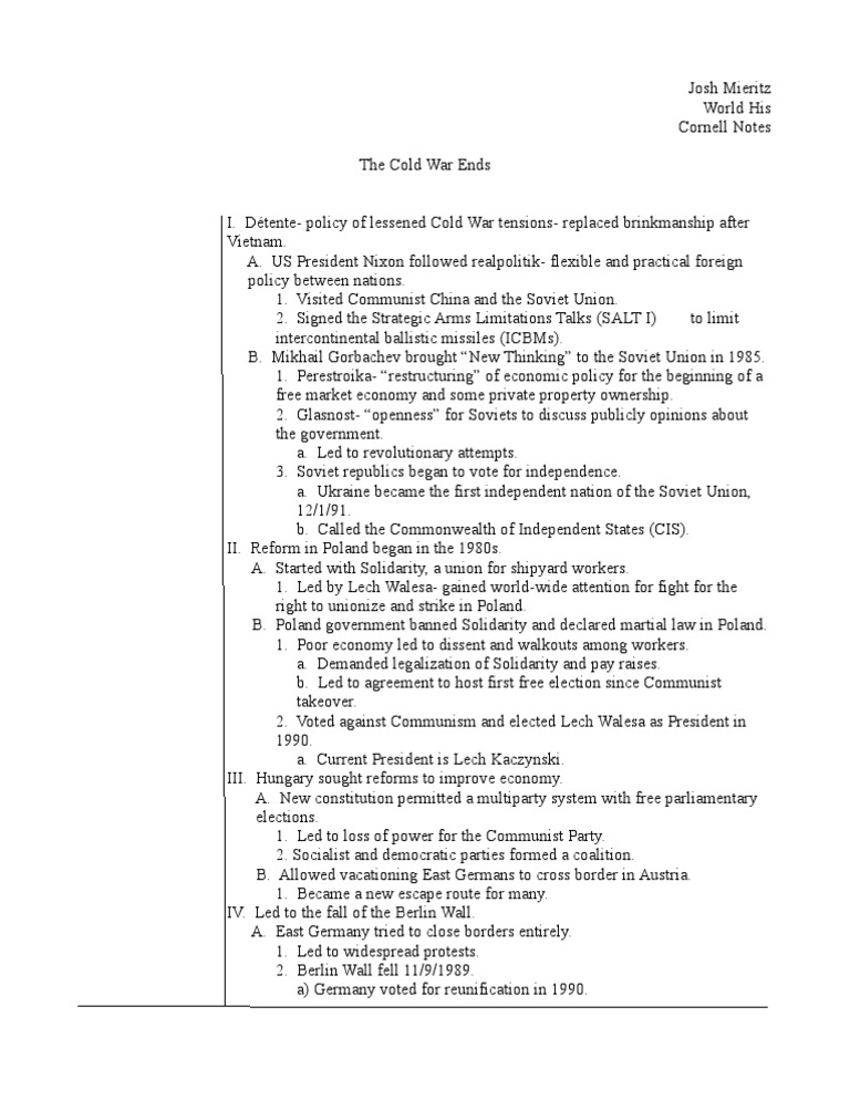 The Cold War Ends - Cornell Notes | PDF | Cold War | Soviet Union