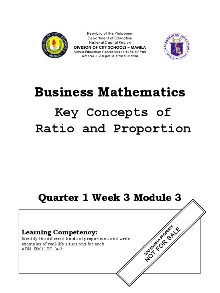 Business Mathematics Key Concepts of Ratio and Proportion: Quarter 1 ...