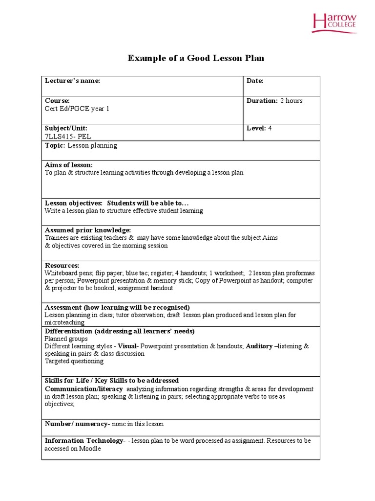 Example of A Good Lesson Plan: Cert Ed/PGCE Year 1 | PDF | Lesson Plan ...