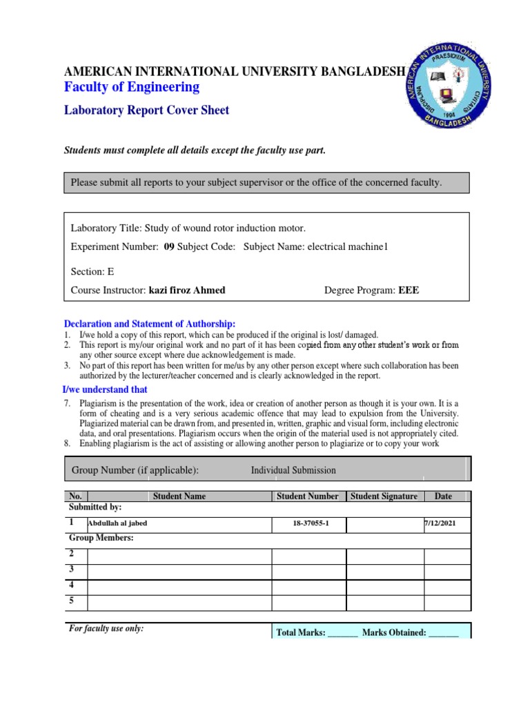 Faculty of Engineering: Laboratory Report Cover Sheet | PDF