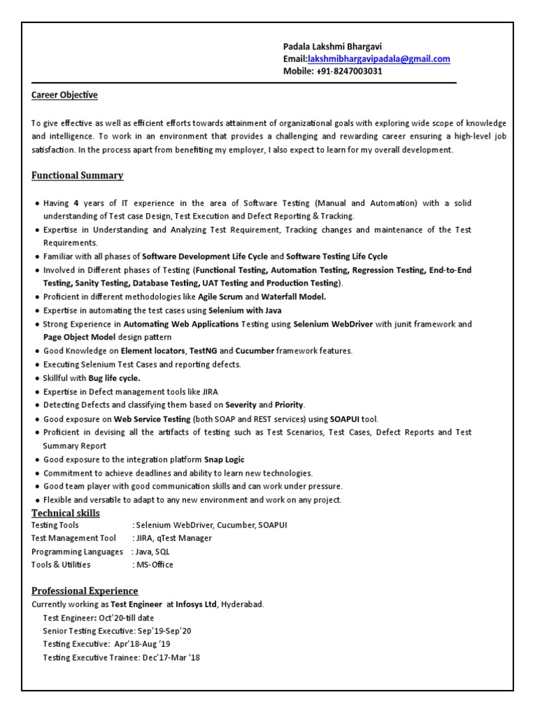 Lakshmi Bhargavi Testing Resume | PDF | Software Testing | Selenium ... Lakshmi Bhargavi Testing Resume | PDF | Software Testing | Selenium ...